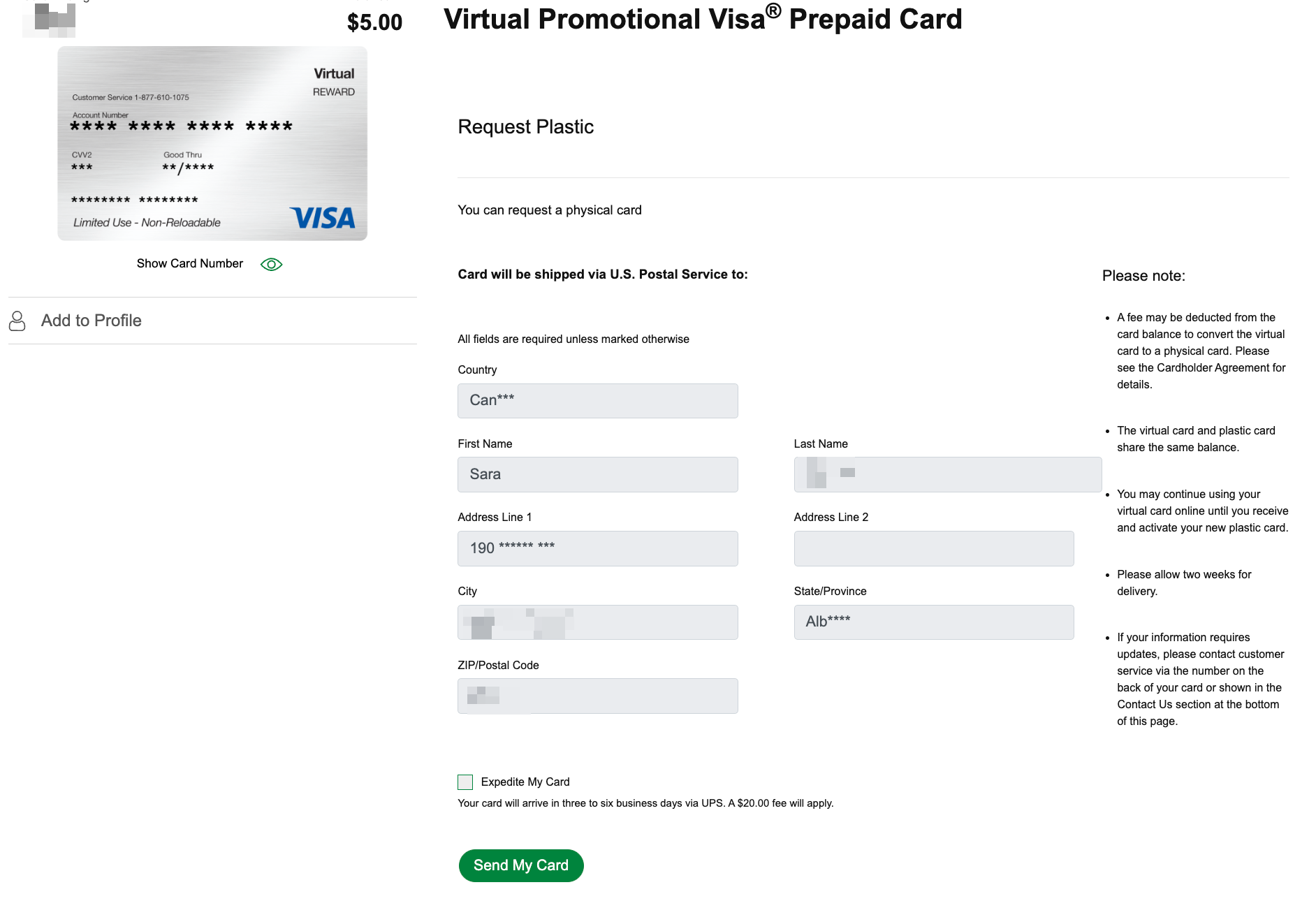 How do I claim my prepaid Visa or Mastercard after redeeming in Bucketlist?