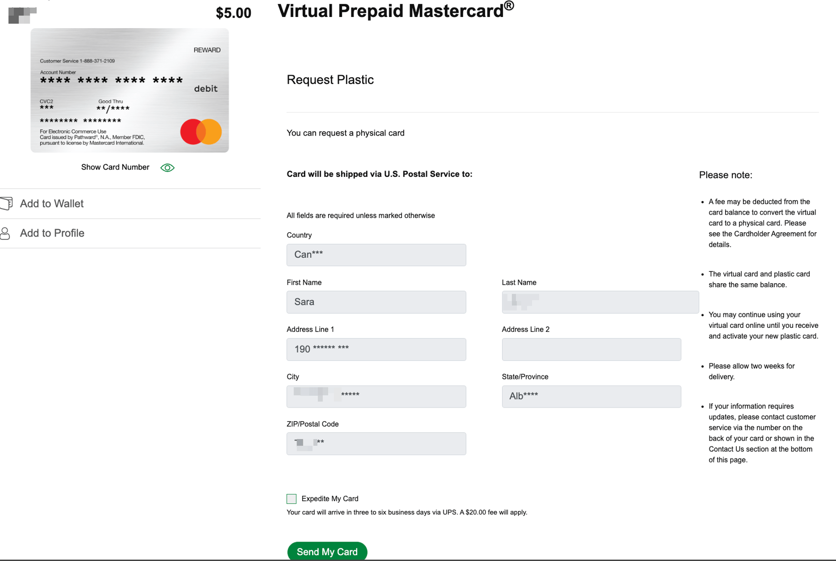 How do I claim my prepaid Visa or Mastercard after redeeming in Bucketlist?